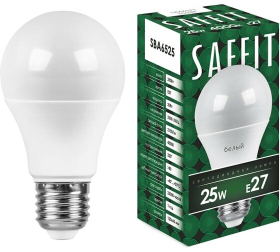 Saffit ЛОН А60 E27 25W(2150lm) 6400K 6K матовая 136x65 SBA6525 55089