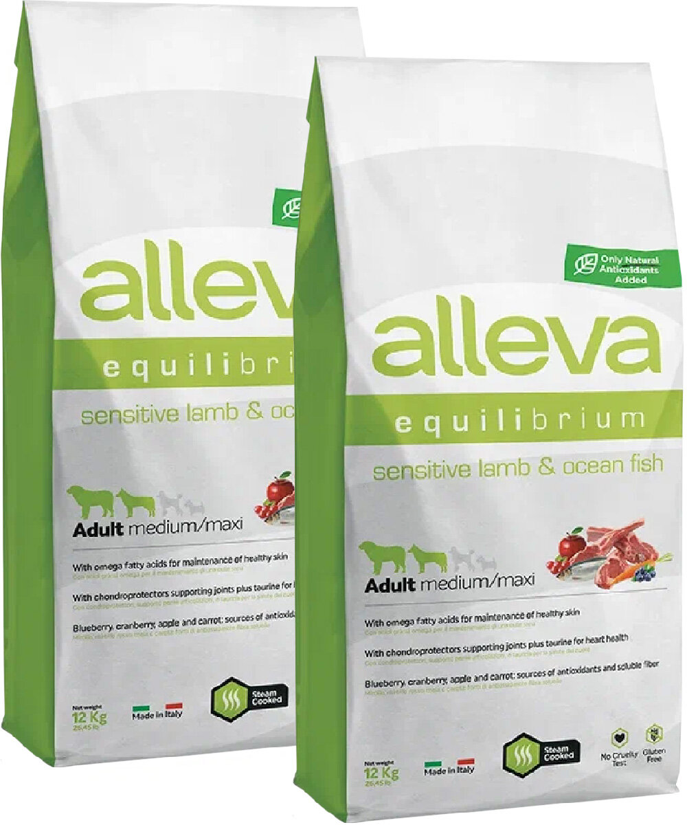 ALLEVA EQUILIBRIUM ADULT DOG MEDIUM/MAXI SENSITIVE LAMB & OCEAN FISH для взрослых собак средних и крупных пород с чувствительным пищеварением с ягненком и океанической рыбой (12 + 12 кг)