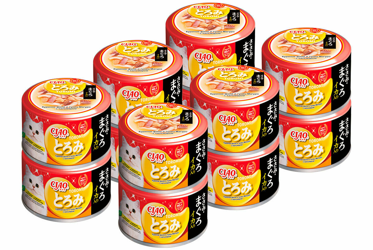 Корм влажный Inaba Ciao Toromi для взрослых кошек, куриное филе, тунец Магуро и кальмар в бульоне, 80 г х 12 шт