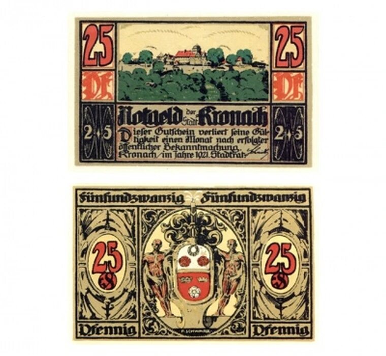 Нотгельд 25 пфеннигов 1921 Германия, Кронах, вид 2 сувенирная копия, банкноты и купюры редкие коллекционные
