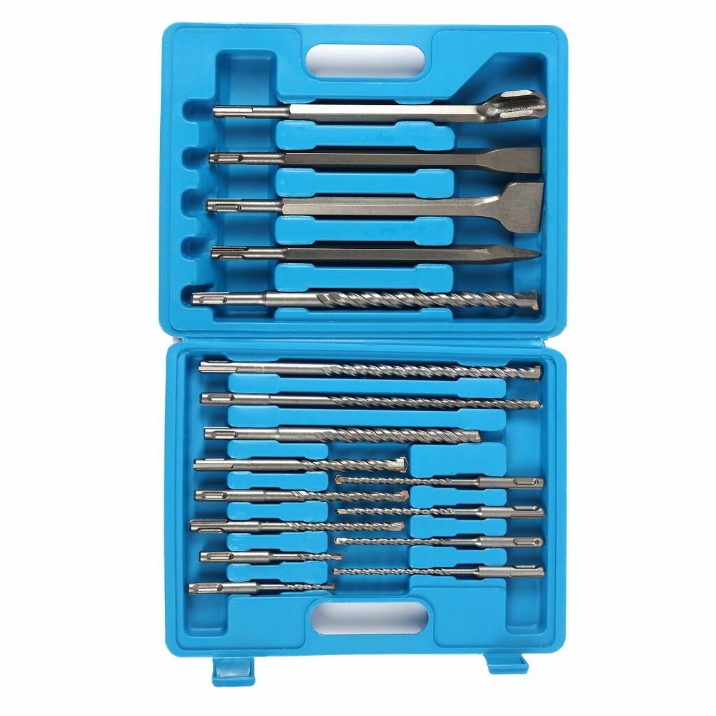 1 комплект из 17 предметов, ударный электрический молоток с круглым хвостовиком, сверло-долото, пластиковая коробка, синяя коробка