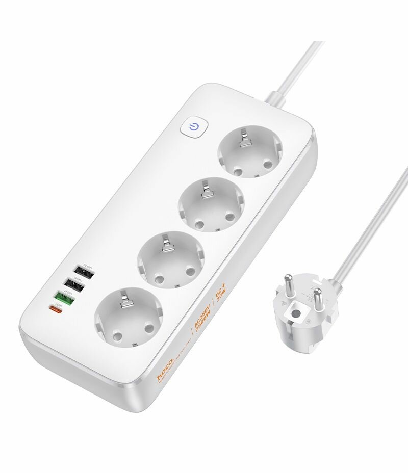 Сетевой фильтр HOCO AC22 3*USB-A, 1*USB-C, 4*розетки, PD30W "быстрая зарядка" 1.5 метра, белый
