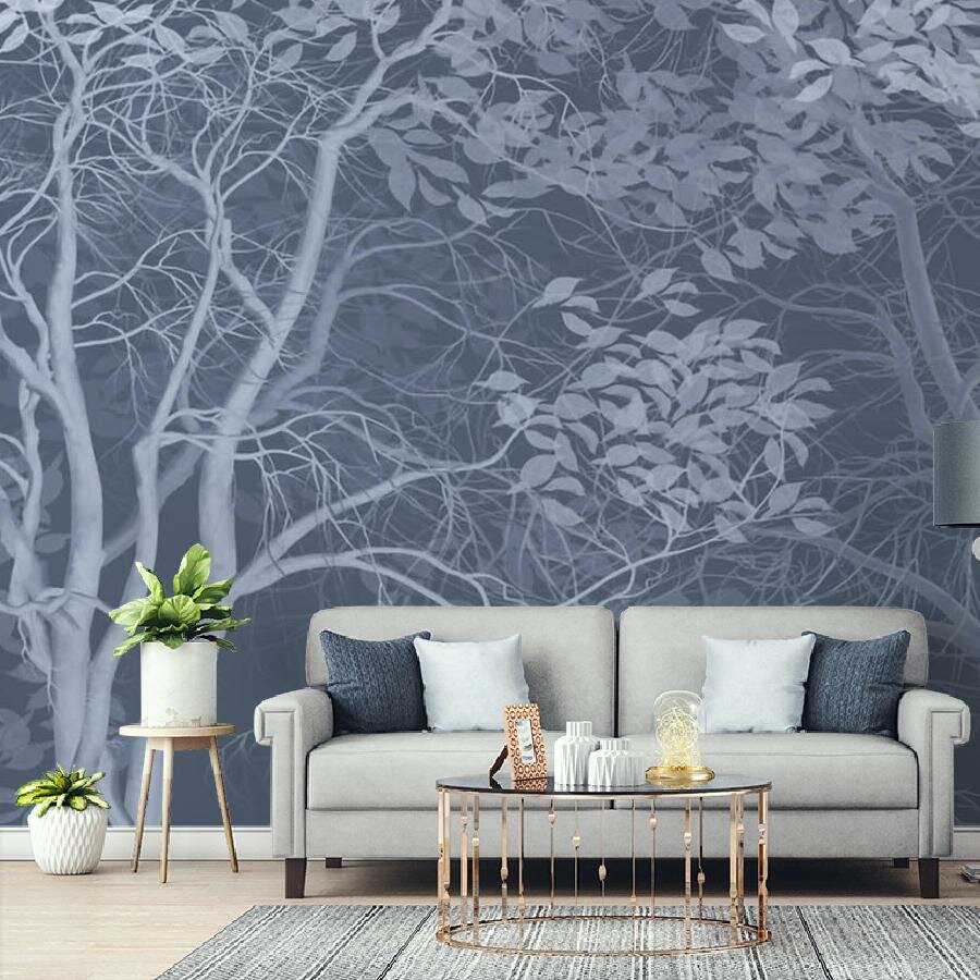 Фотообои Белые деревья на синем фоне 13-358-S-Флок 270 x 200 см (ВхШ) Бесшовные, флизелиновые, влагостойкие обои MasterFresok