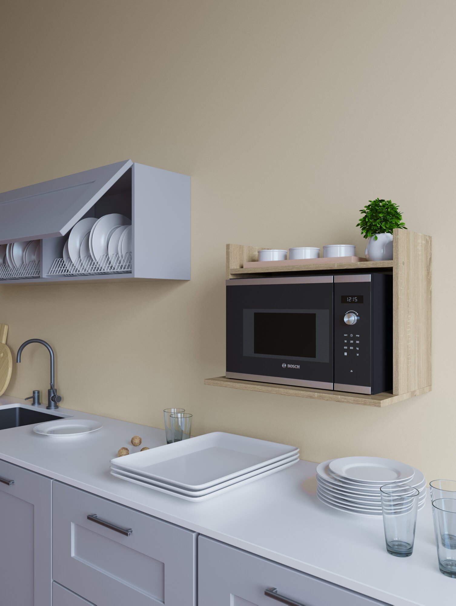 Полка под микроволновку, дерево, настенная, бежевая, 41 см x 32 см x 56 см