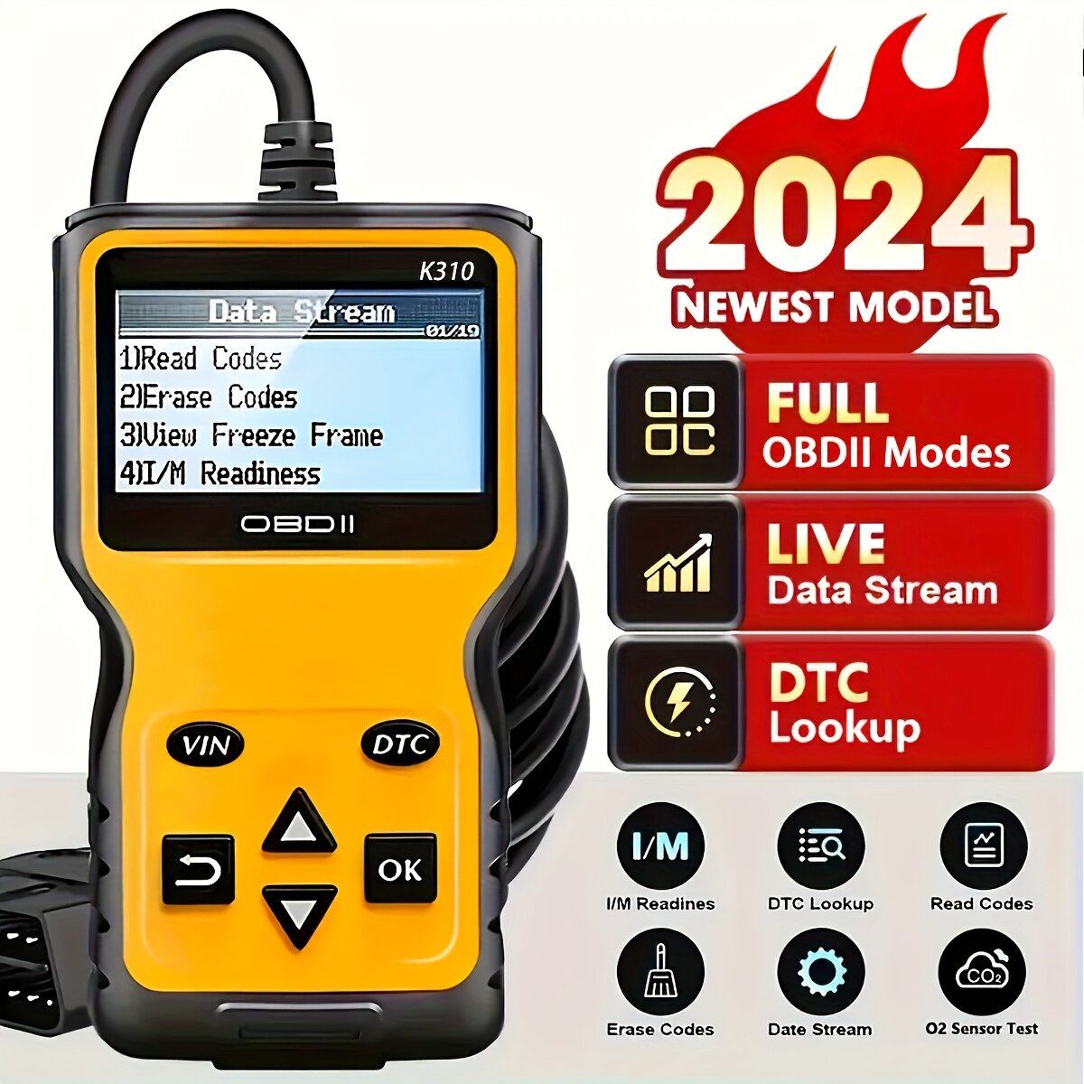 Автомобильный OBD2 Сканер, Обновленная Модель K310, Считыватель Кодовых Ошибок Двигателя, Кан Диагностический Сканер для Все Автомобилей с Протоколом OBD II с 1996 Года, Желтый