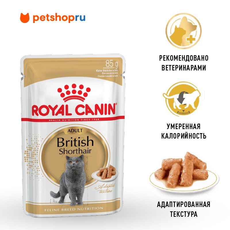Royal Canin Для взрослых британских короткошерстных кошек, кусочки в соусе, British Shorthair Adult