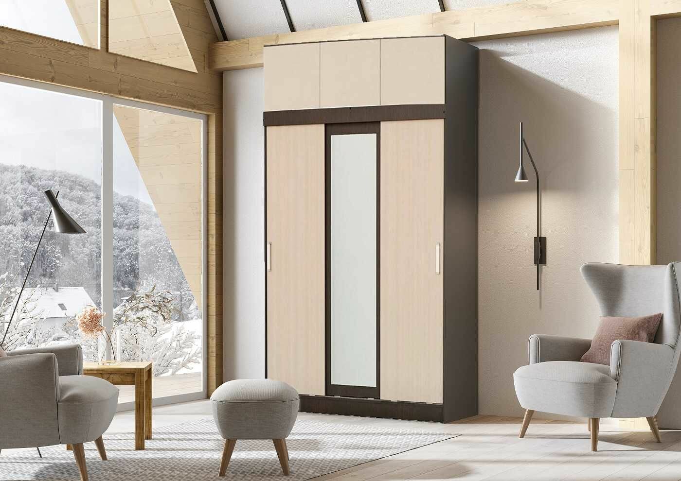 Шкаф-купе Басямиф/Роджинамиф с антресолью 130 см. Венге/дуб беленый