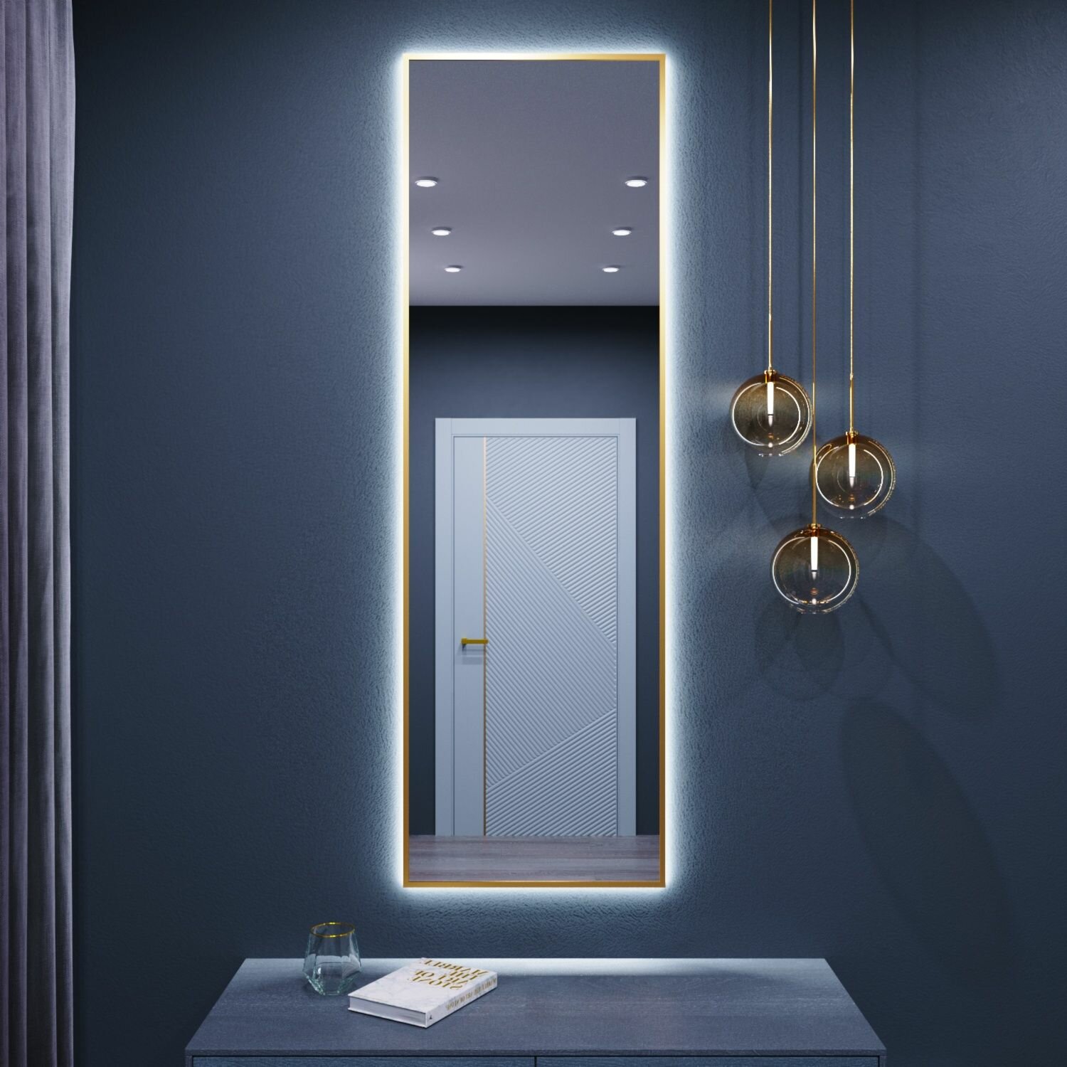 Зеркало настенное 150х40 см. BLX MIRROR с подсветкой в алюминиевой раме. Свет: Холодный белый 6000К, Золото