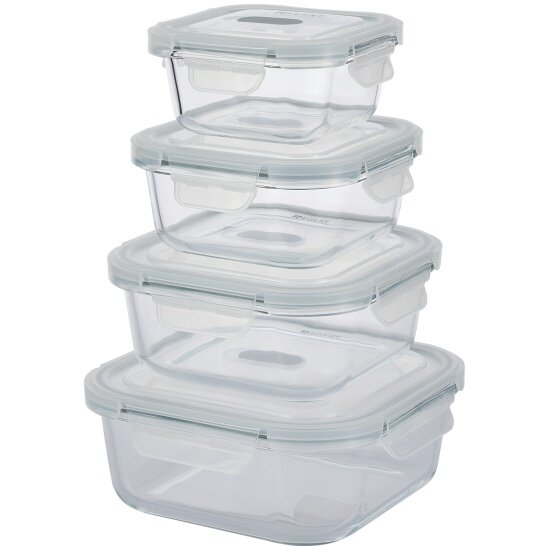 Набор контейнеров Regent Inox Linea Desco 4 предмета, 0.3 л, 0.5 л, 0.8 л, 1.2 л, квадратные, стекло (64-224)