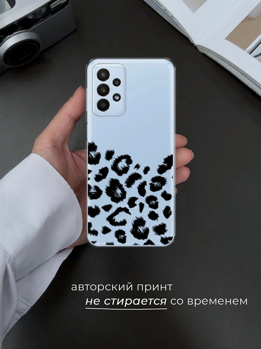 Чехол на Samsung Galaxy A23 / Самсунг Галакси А23 с принтом "Окрас леопарда фон черный", прозрачный — фото 1