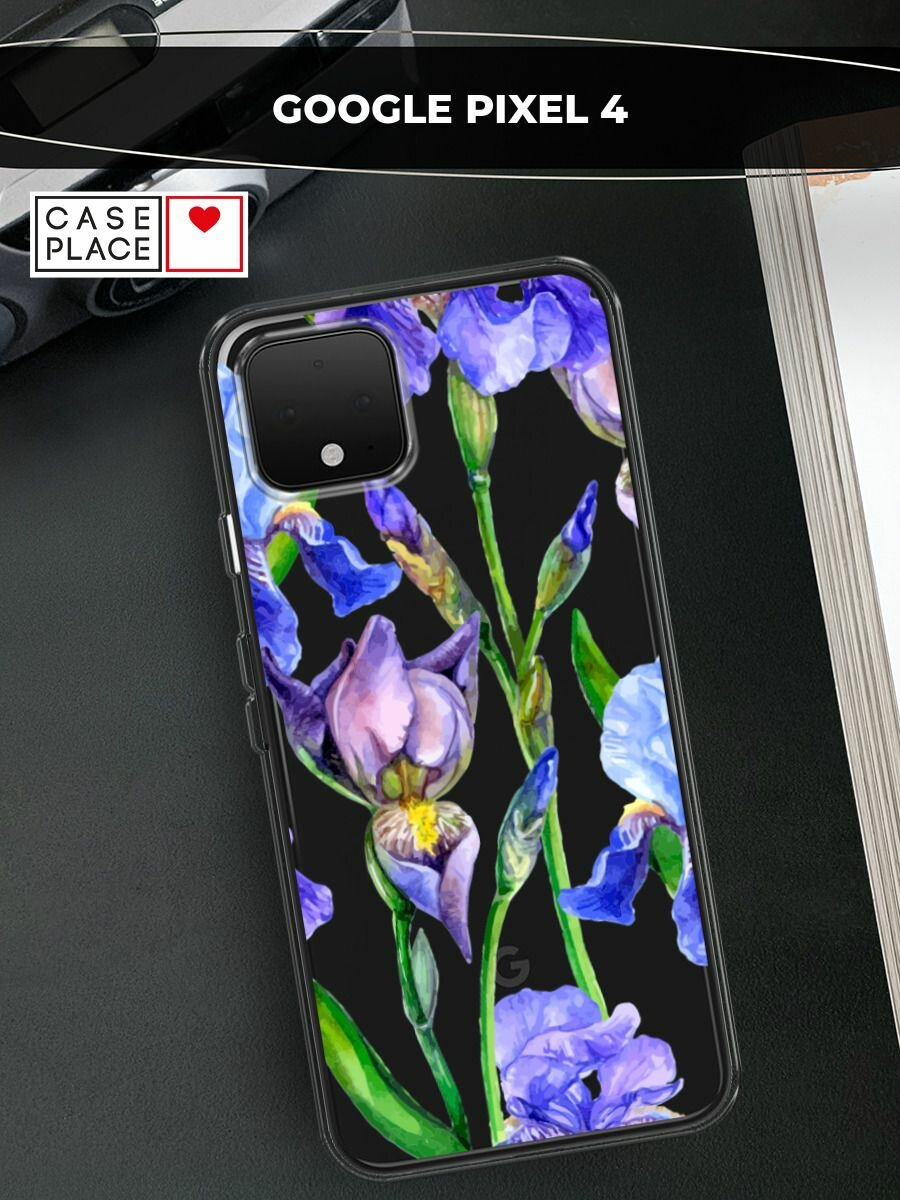 Чехол на Google Pixel 4 / Гугл Пиксель 4 с принтом "Синие ирисы", прозрачный