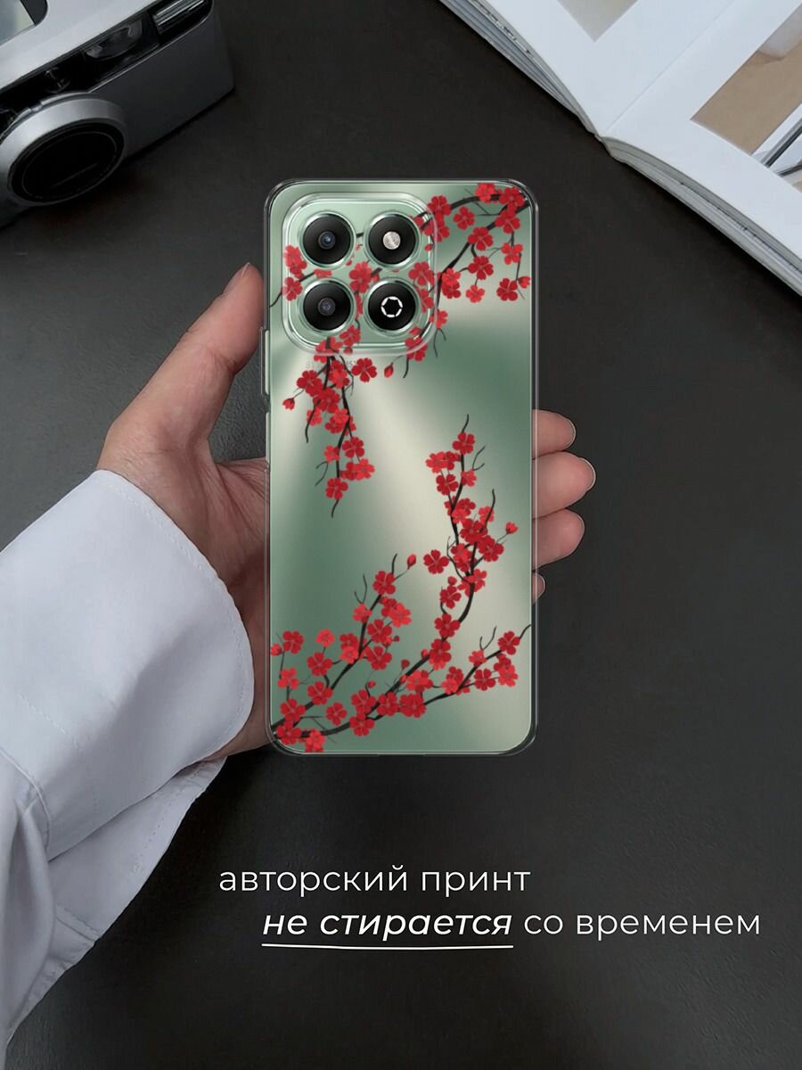 Чехол на Honor X6b / Хонор X6b с принтом "Красная сакура", прозрачный — фото 1