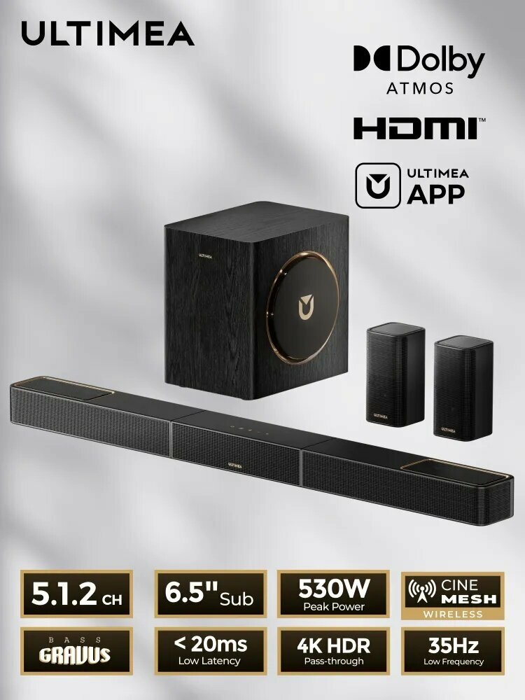 ULTIMEA Саундбар Skywave X40 Dolby Atmos 5.1.2, 530 Вт, 6.5" сабвуфер, улучшенный звук для ТВ