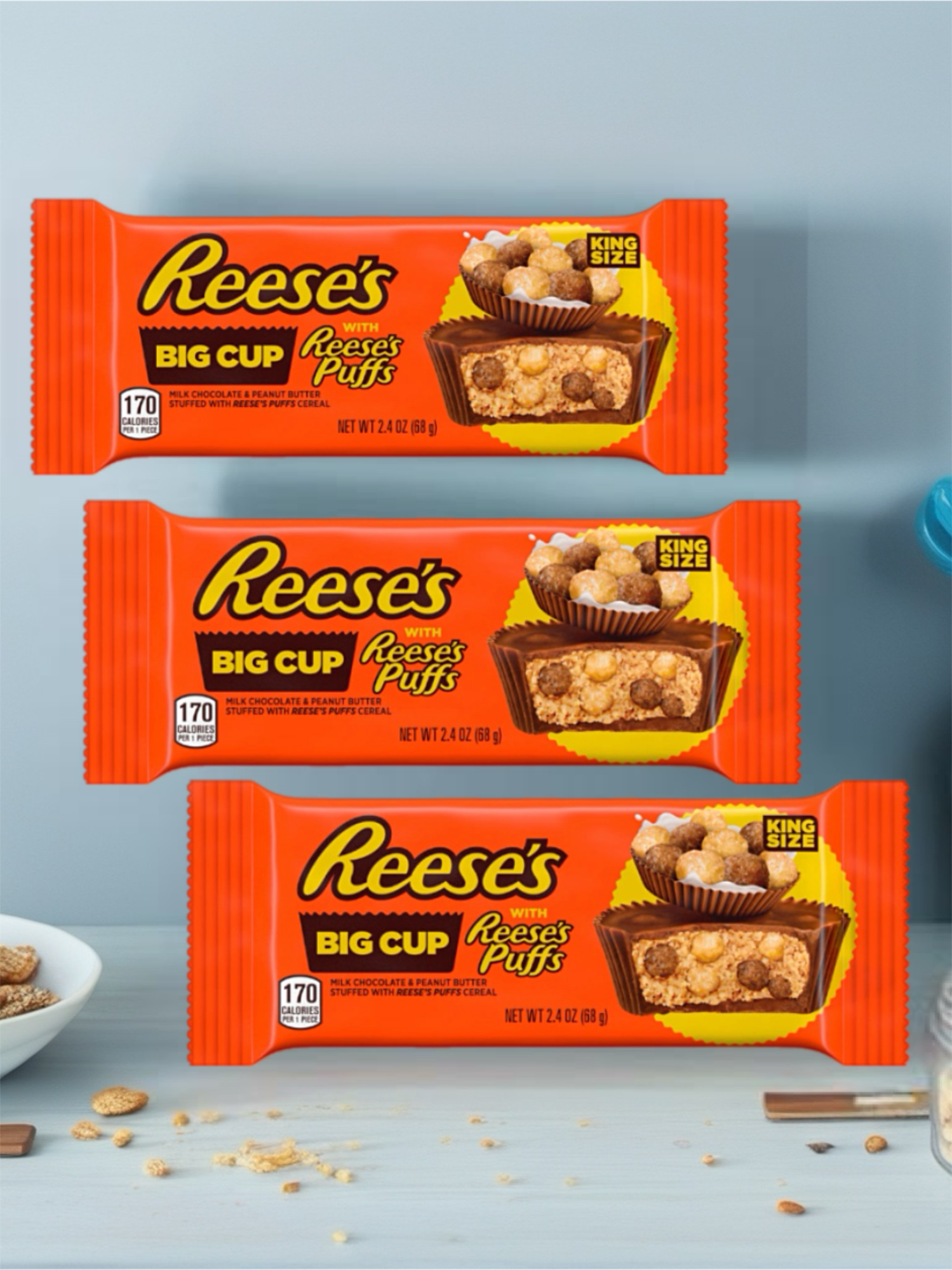 Печенье Reese's Big Cup Puff King Size, молочный шоколад, злаковые шарики и с арахисовым маслом, 3 шт х 68 г (США)