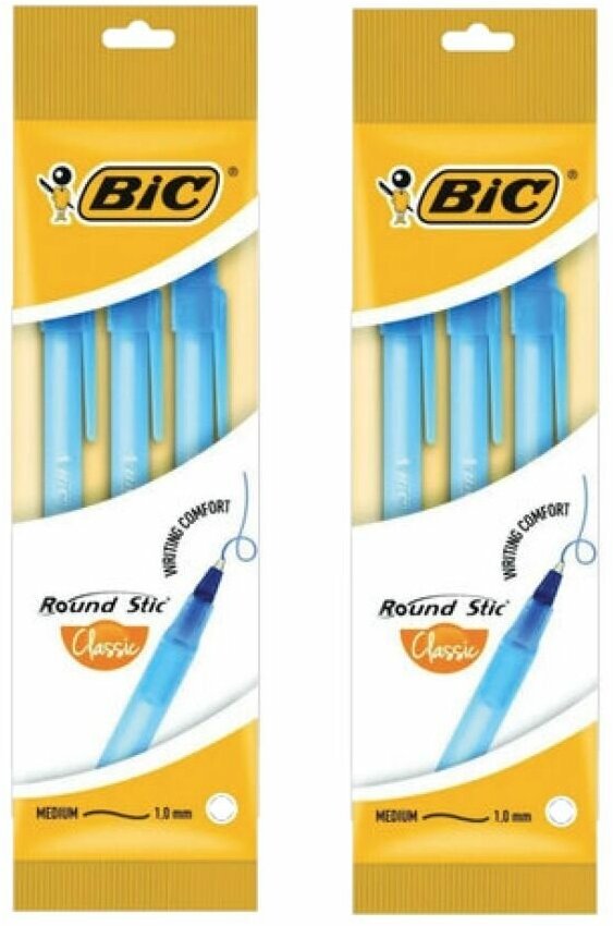 Ручки шариковые BIC "Round Stic", набор 6 шт, Синие, узел 1 мм, линия письма 0,32 мм, пакет