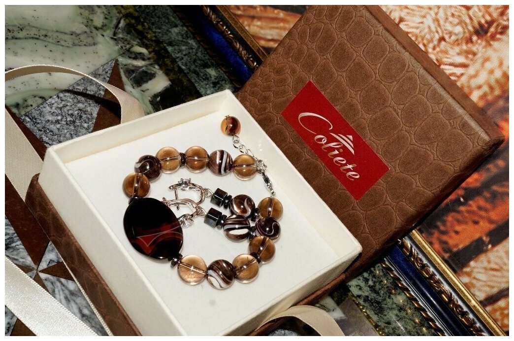 Комплект бижутерии: браслет, серьги, кварц, перламутр, тигровый глаз, гематит