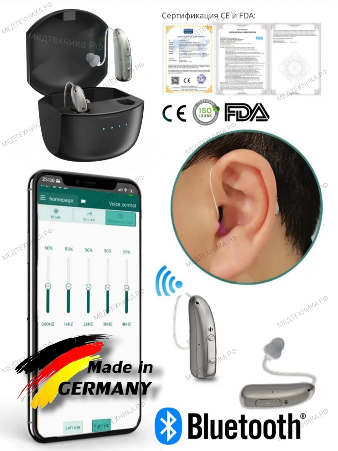Слуховой аппарат с зарядкой аккумуляторный цифровой программируемый блютуз качество премиум класса производитель Германия