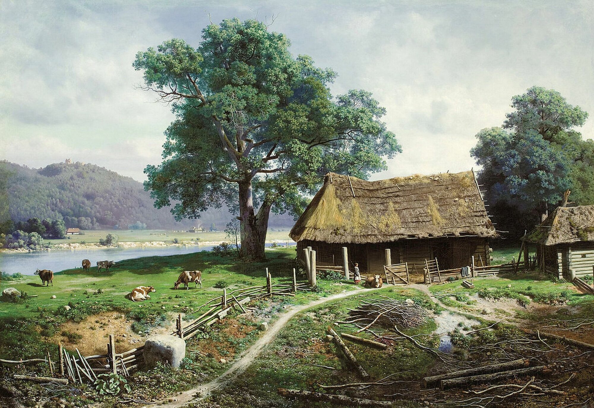 Картина Клодта Михаила Крестьянская усадьба у реки 80х55 см