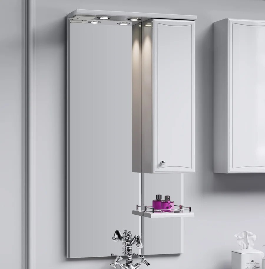 Зеркало Aqwella Барселона 55 с подсветкой, с полкой, со шкафчиком, 55 см, с розеткой, белое