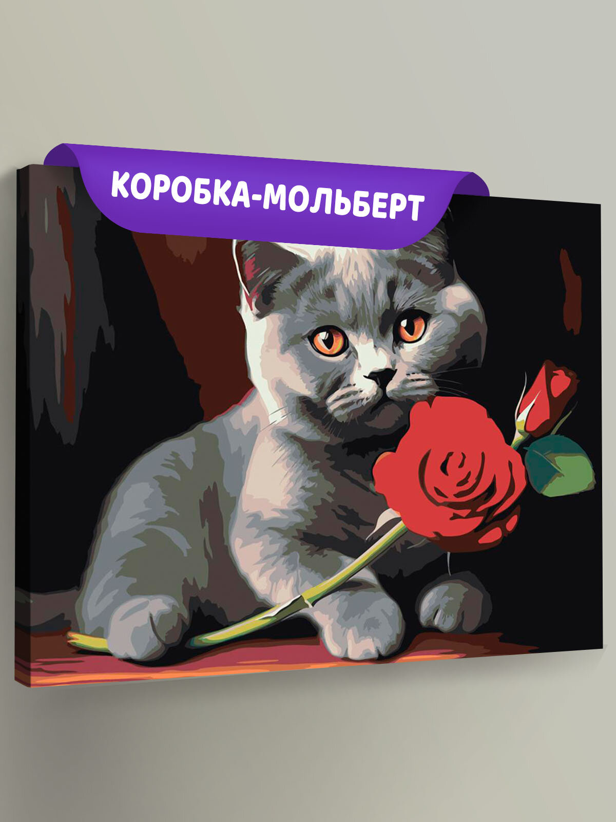 Картина по номерам на холсте с подрамником "Британский котенок с красной розой" Раскраска 40x50 см, Животные Кошки Цветы