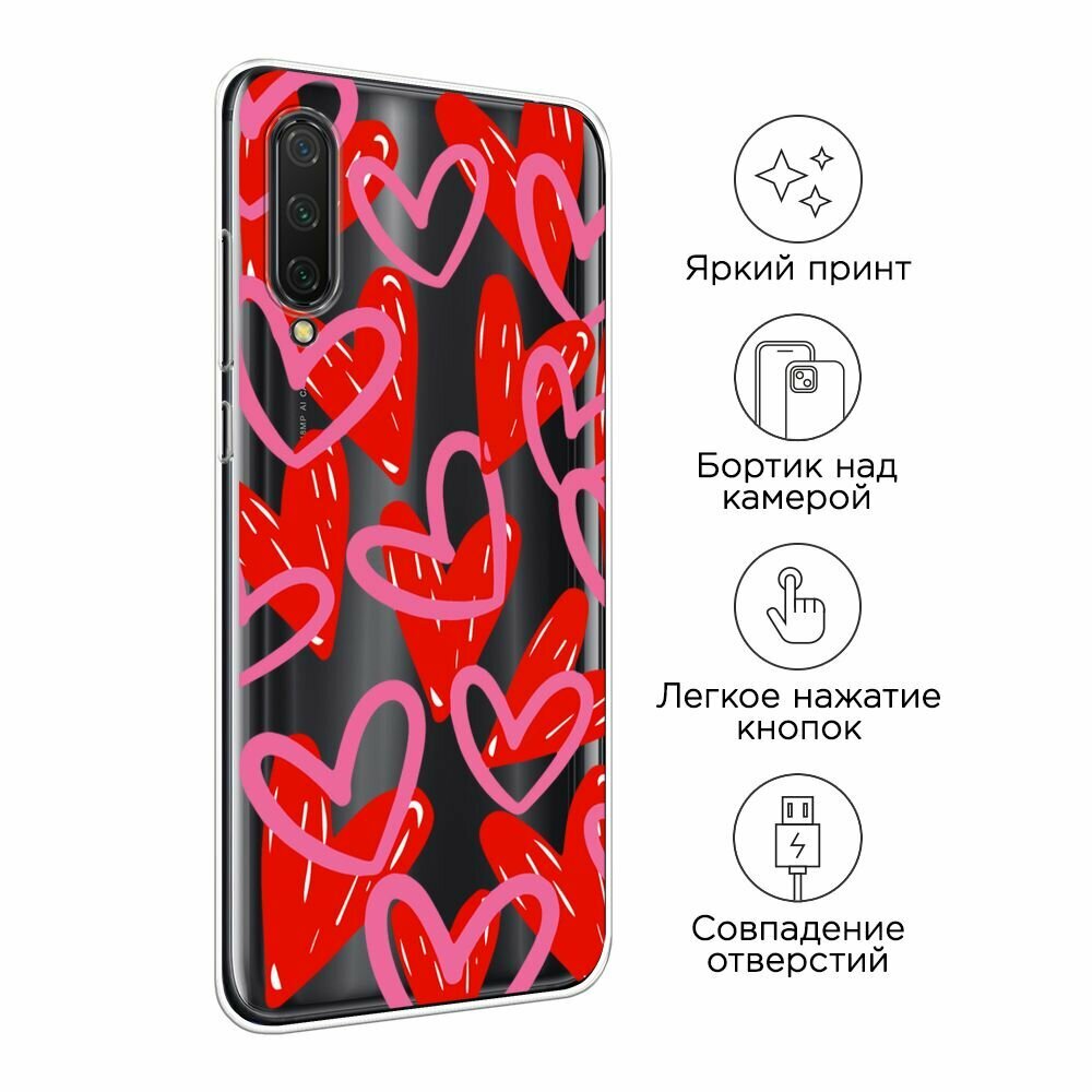 Чехол на Xiaomi Mi CC9/A3 Lite/9 Lite / Сяоми Mi CC9/A3 Lite/9 Lite с принтом "Hearts doodles - 14 февраля", прозрачный — фото 1