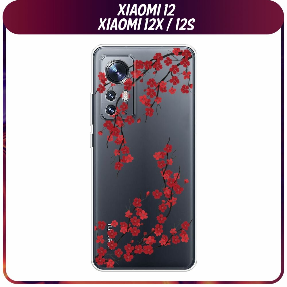 Чехол на Xiaomi 12/12X/12S / Сяоми 12/12X/12S с принтом "Красная сакура", прозрачный