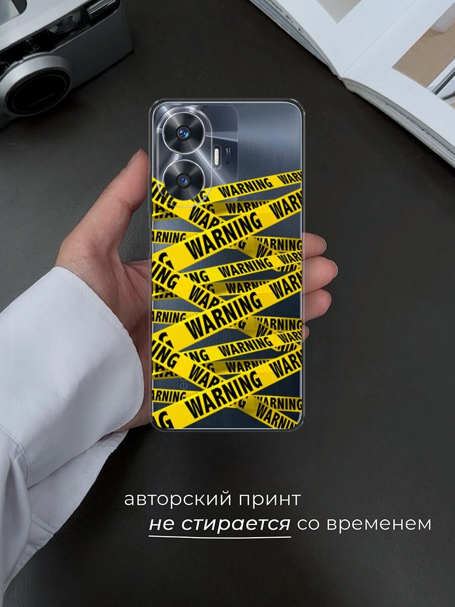 Чехол на Realme C55 / Реалми C55 с принтом "Warning!", прозрачный — фото 1