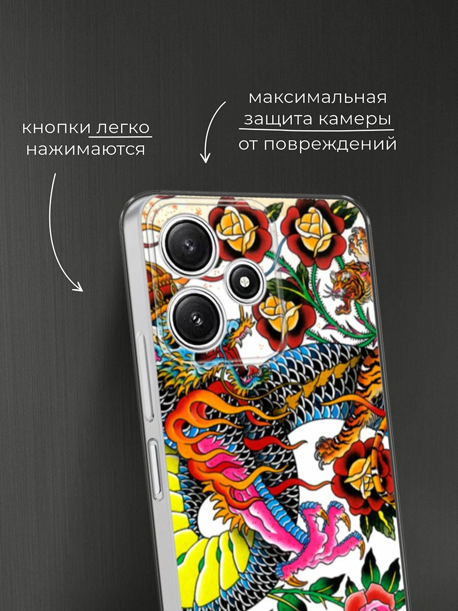 Чехол на Xiaomi Redmi 12 5G / Сяоми Редми 12 5G с принтом "Дракон в цветах" — фото 1