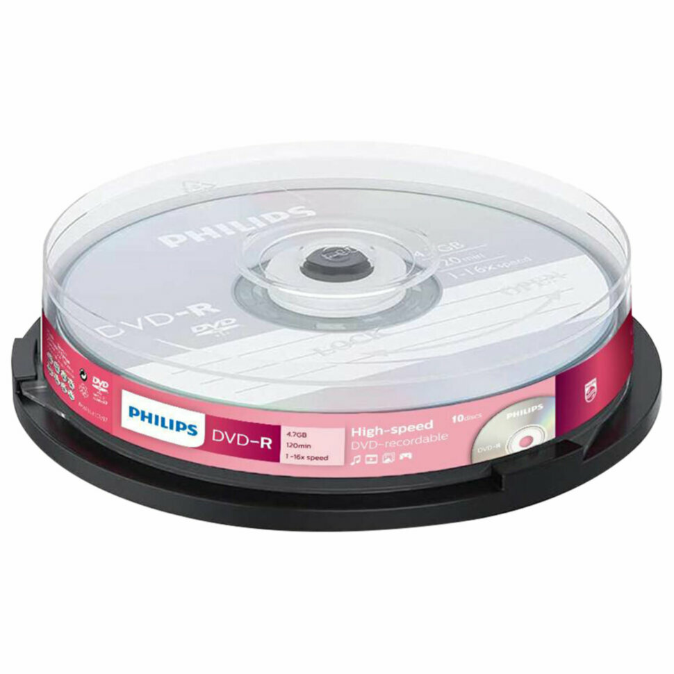 Диск DVD-R PHILIPS, 4,7 Гб, 16x, Cake Box (упаковка на шпиле), комплект 10 шт, DM4S6B10F/97, 514196