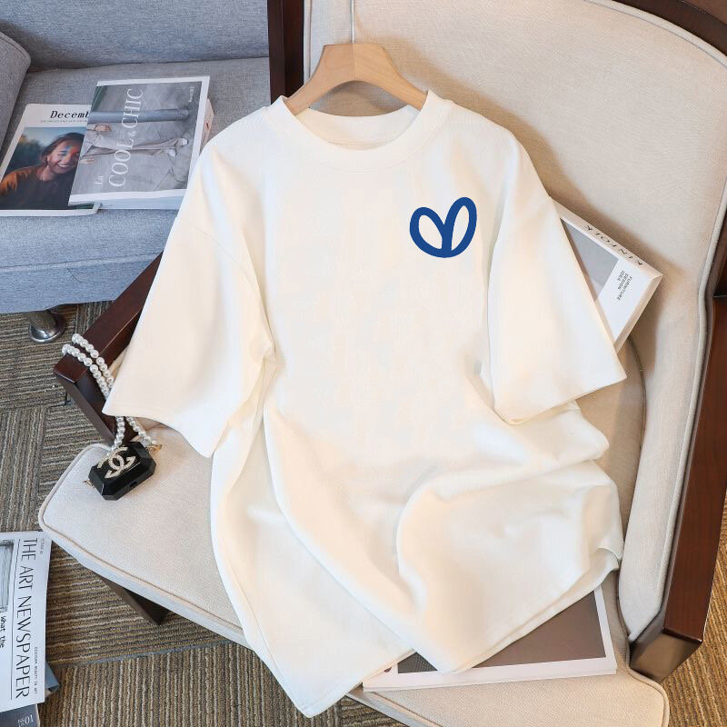 Футболка из плотного чистого хлопка плотностью 230 г, женская, свободный топ с короткими рукавами, летняя женская футболка в японском стиле, базовый слой, Корсаж «Голубое сердце», размер：M