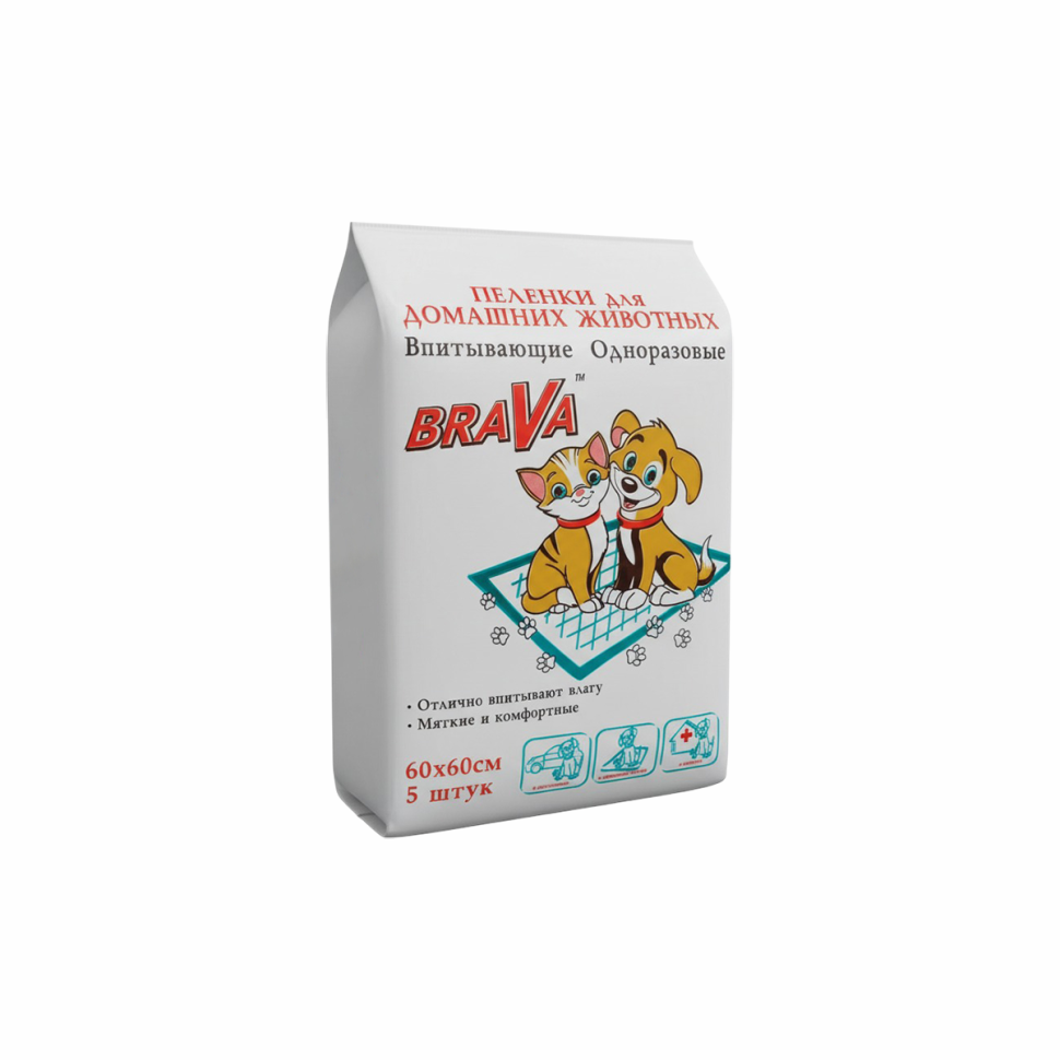 Brava пеленки впитывающие одноразовые для домашних животных с суперабсорбентом, пятислойные, 60х60 см - 5 шт