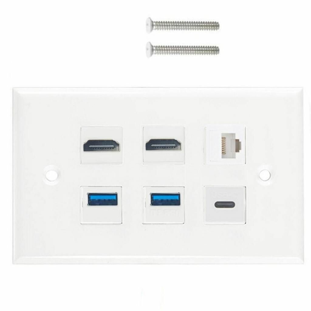 Белая 6-портовая настенная панель с разъемами HDTV и USB 3.0