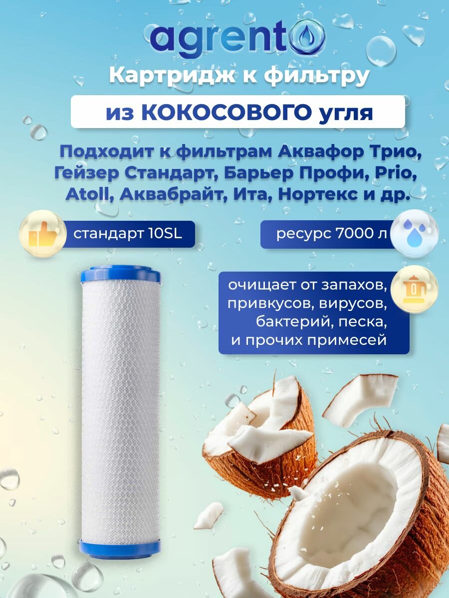 Картридж из кокосового угля к фильтрам для воды Аквафор Трио Норма, Барьер Профи, Гейзер Стандарт и других систем 10SL