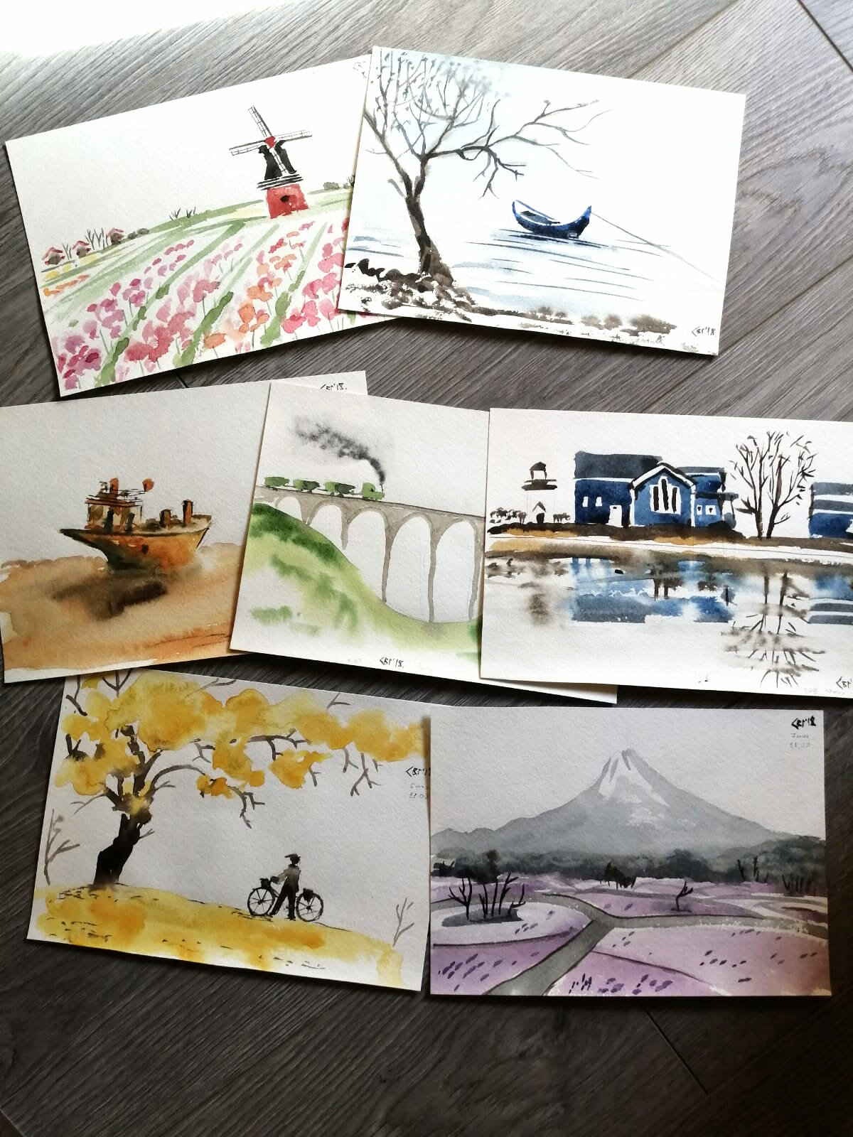 Набор акварельных миниатюр "Пейзажи" 7 шт, каждая 21х15 см, ручная работа, акварель, разноцветный