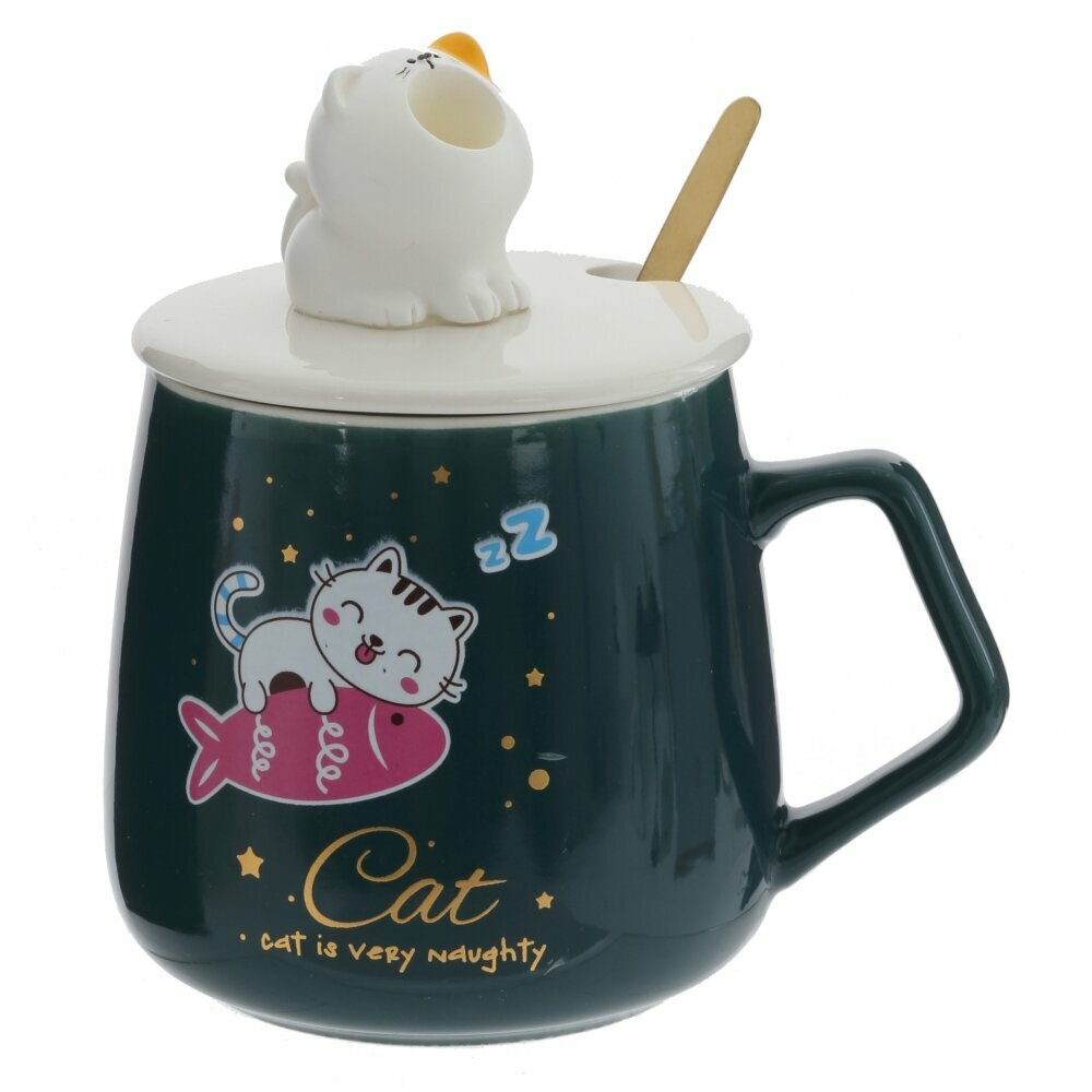 Кружка с крышкой и ложкой, 390 мл, 12,5х9,5х13 см KSM-818398