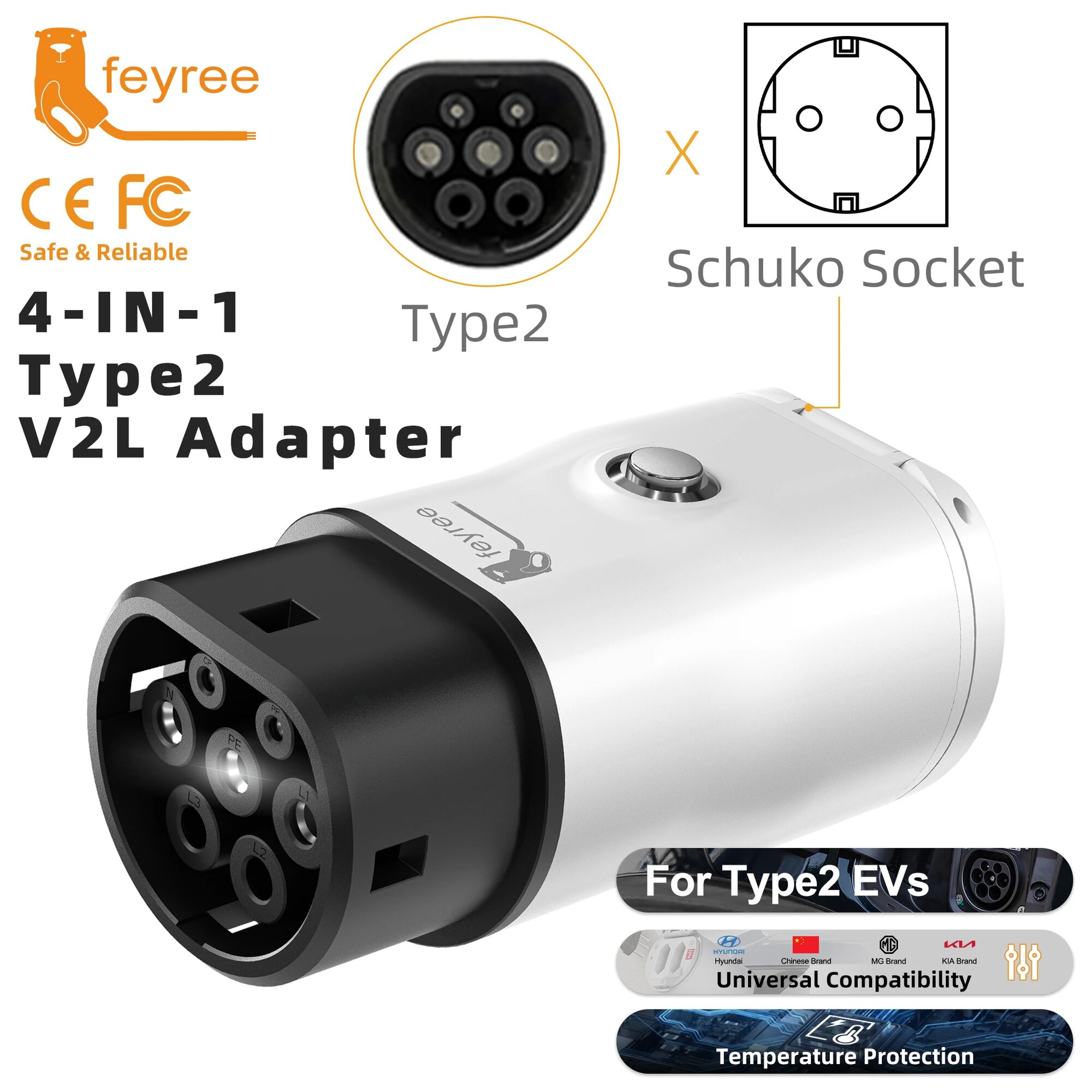 Адаптер Feyree Type2 V2L для электромобилей, Type2 Schuko Socket