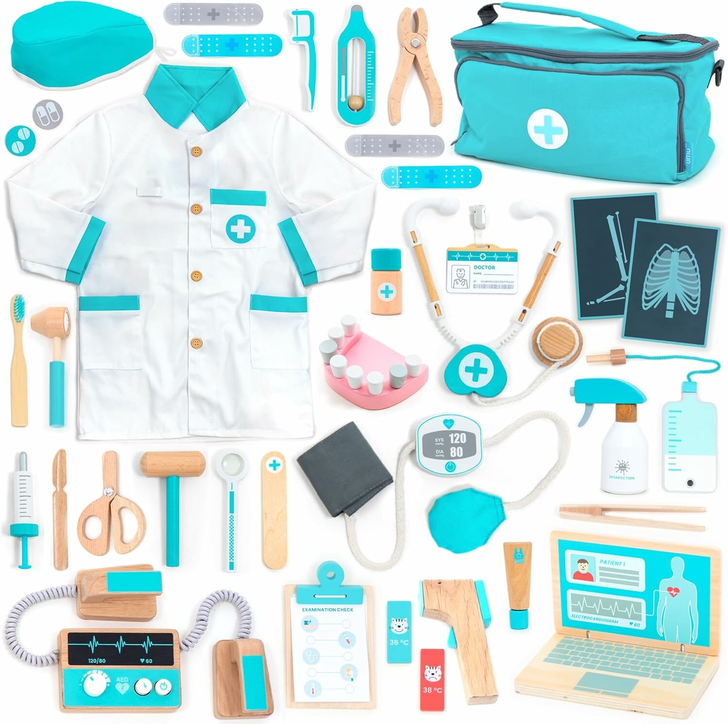 Игровой детский набор UMU - Детский деревянный набор Deluxe доктора с халатом и аксессуарами, 37 предметов - 1363