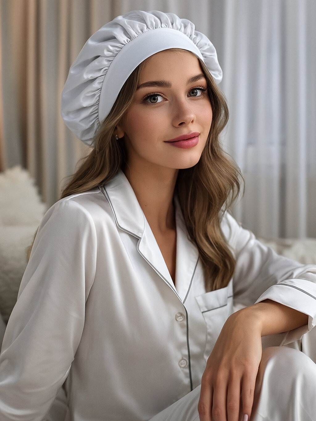 Шапочка для сна WMA STORE, атласная, шелковая, женская, белая, 50-60 размер