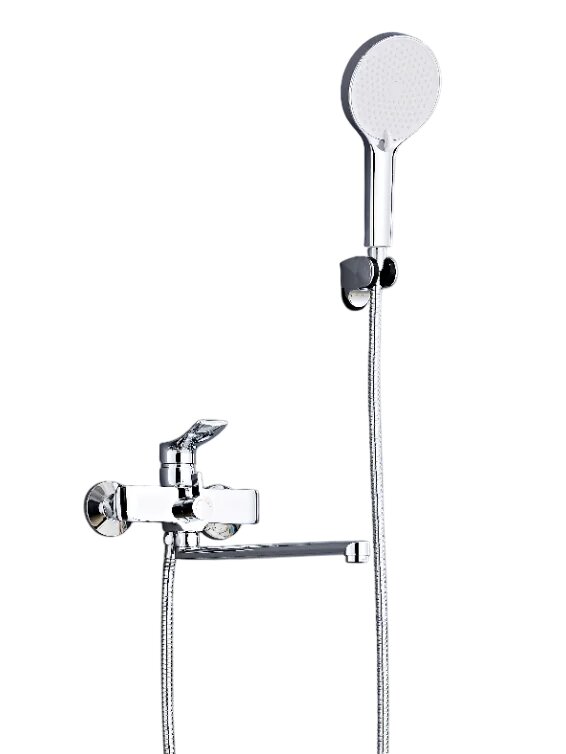 Смеситель с длинным изливом для ванны Haiba HB22553 с душевым гарнитуром, поворотный, латунный, хром, глянцевый, смеситель для ванны с душем, рычажный, с настенным держателем