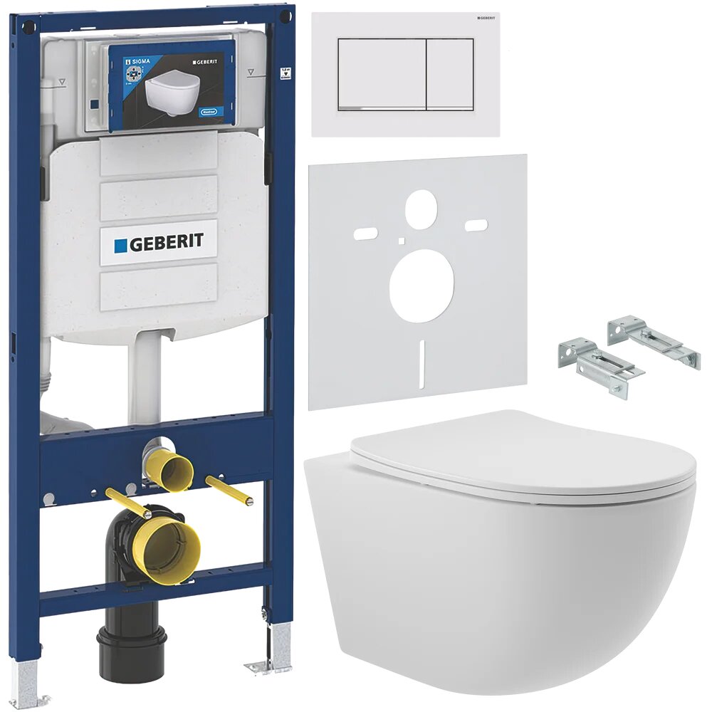 Комплект Унитаз подвесной Aqueduto Ovo OVO0120 безободковый, с микролифтом, белый матовый / Крепления к стене / Инсталляция UP 320 111.300.00.5, Кнопка Sigma белая матовая, хром глянцевый, Шумоизоляц