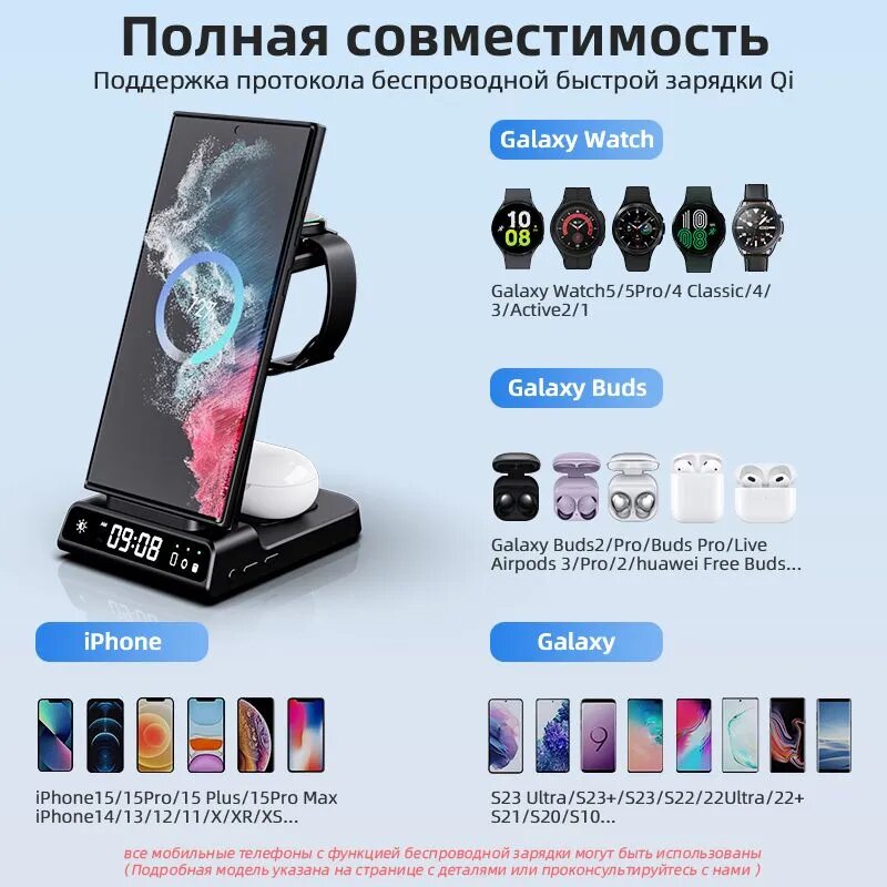 Быстрое зарядное устройство для Android беспроводное 3 в 1 для смарфтонов iPhone, Samsung и часов, наушников / Док станция с быстрой зарядкой,(несовместим с Apple Watch)