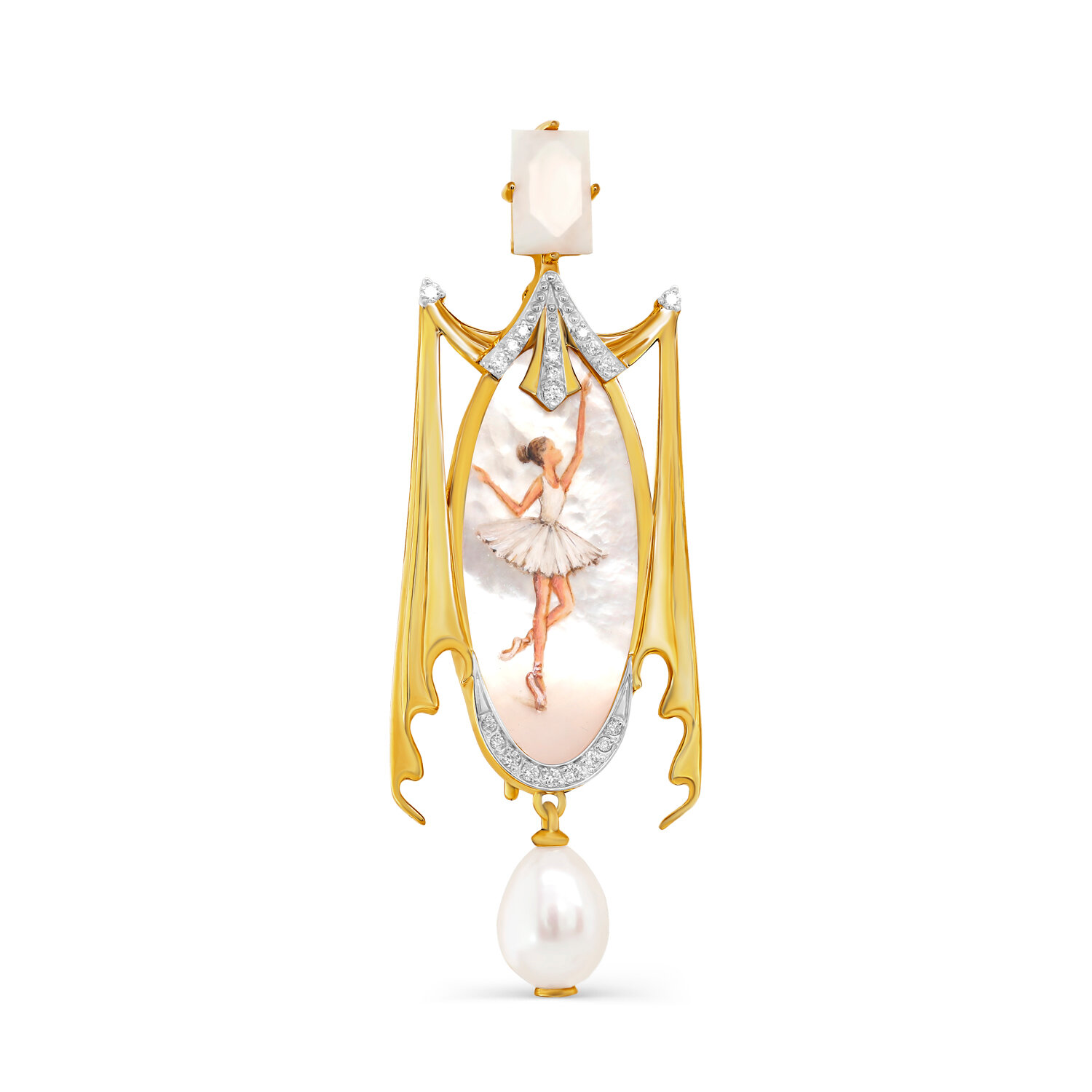 Брошь, желтое золото, 585 проба, жемчуг, перламутр, нефрит, бриллиант