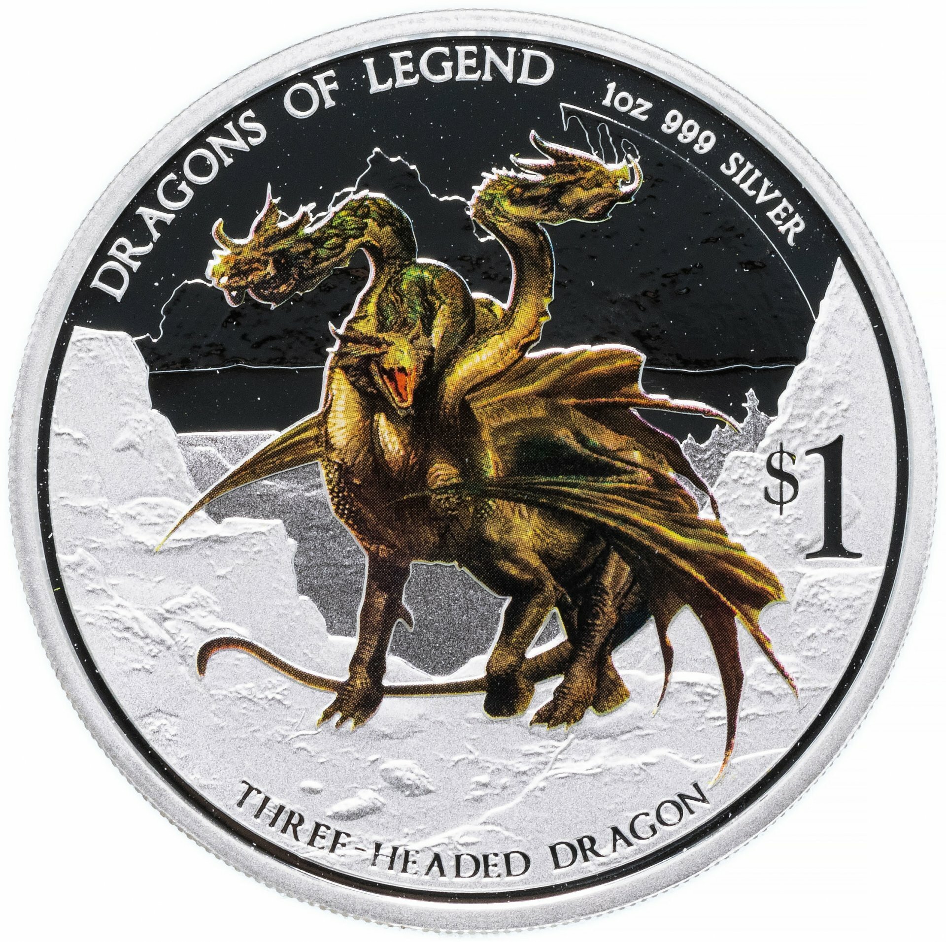 Тувалу 1 доллар 2013 Proof "Легендарные Драконы - Трехглавый Дракон" в футляре, с сертификатом, Серебро 999