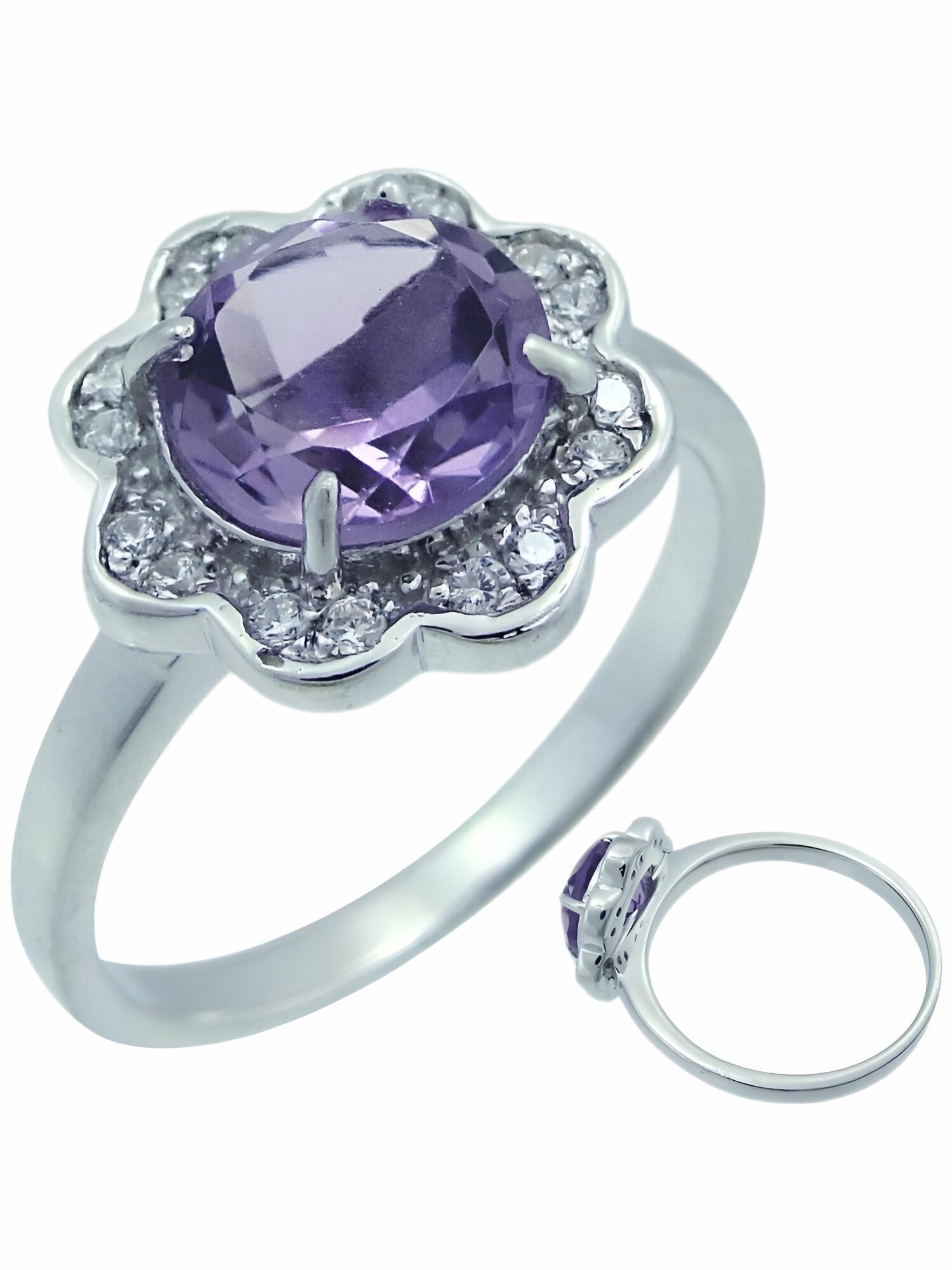 Кольцо тонкое, серебро, 925 проба, родирование, фианит, аметист