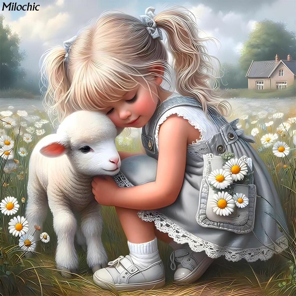 5D алмазная живопись картина 30x30 см, круглый бриллиант из смолы Милая девочка-питомец набор для творчества DIY панно для украшения гостиной и спальни