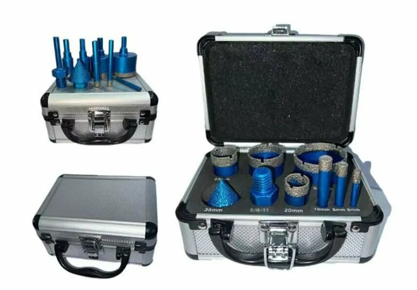 Набор алмазных коронок по керамограниту, камню, плитке в кейсе с конусной фрезой (6 мм - 50 мм) / коронка сверлильная