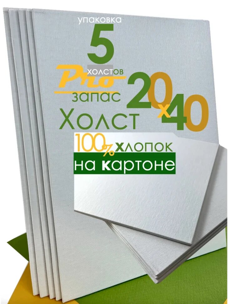Холст 20х40 см на картоне, Комплект 5 шт, хлопок Пинакс, мелкозернистый, 280 гр/м2, ХКХ2040-5