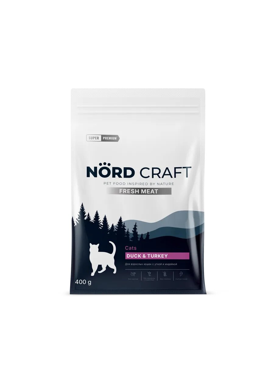 Корм Nord Craft для взрослых кошек с уткой и индейкой, 0,4кг