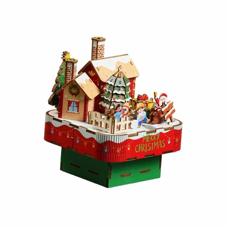 Рождественская 3D забавная игрушка DIY в сборе деревянная музыкальная шкатулка модель-Рождественская хижина строительный блок модель без сердечника