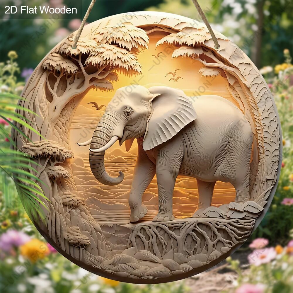 Деревянные декоративные таблички, подвесные украшения на стены и двери, украшения из серии "животные", Узор представляет собой слона на фоне заходящего солнца, Плоские 2D-изделия